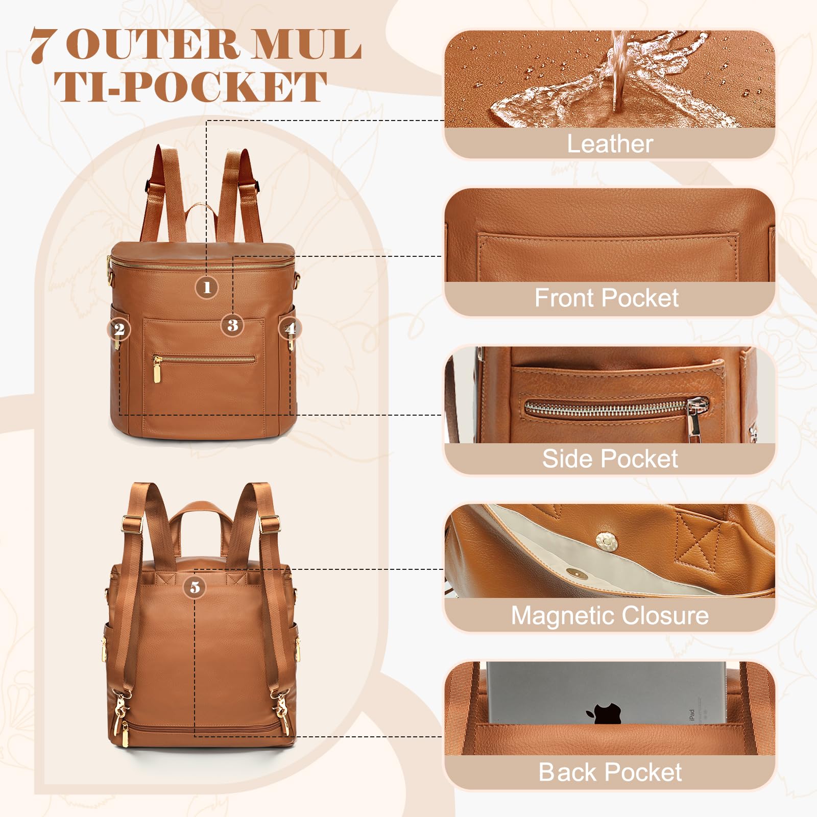 miss fong Diaper Bag Backpack Baby Diaper Bag, Large Leather Diaper Bag Backpack with Changing Pad, Stroller Straps, and 2 Insulated Pockets(Convertible, Brown)