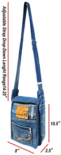 BDJ Upcycling Blue Denim Jeans Oblong Small Cross Body Shoulder Handbag Purse (Small Crossbody 5)