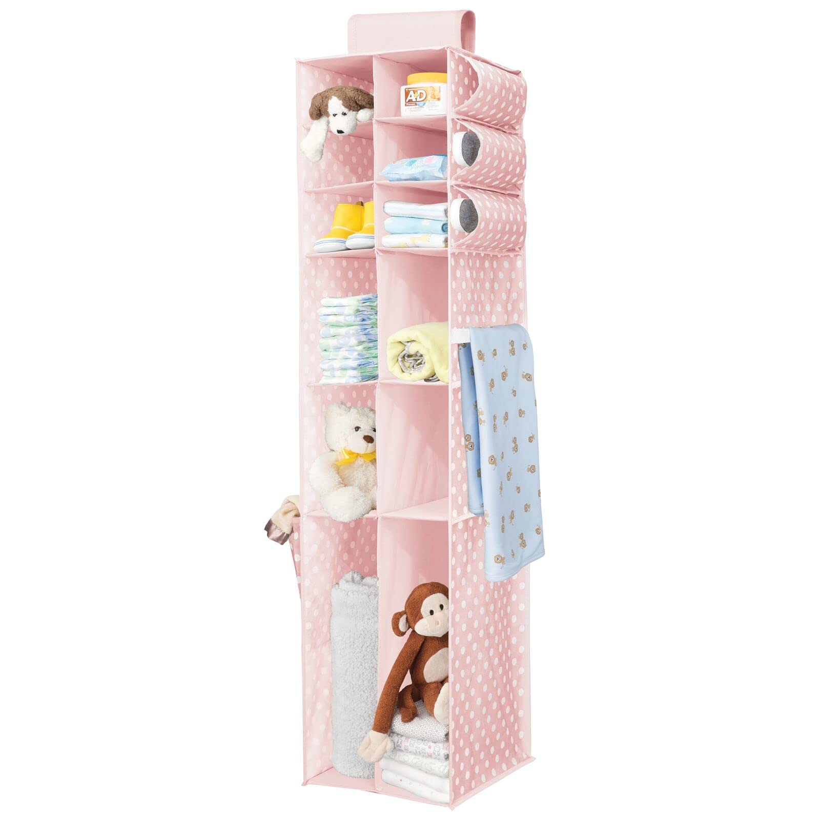 mDesign Long Soft Fabric Over Closet Rod Hanging Storage Organizer with 12 Divided Shelves, Side Pockets for Child/Kids Room or Nursery, Store Diapers, Wipes, Lotions, Toys - 2 Pack - Pink/White