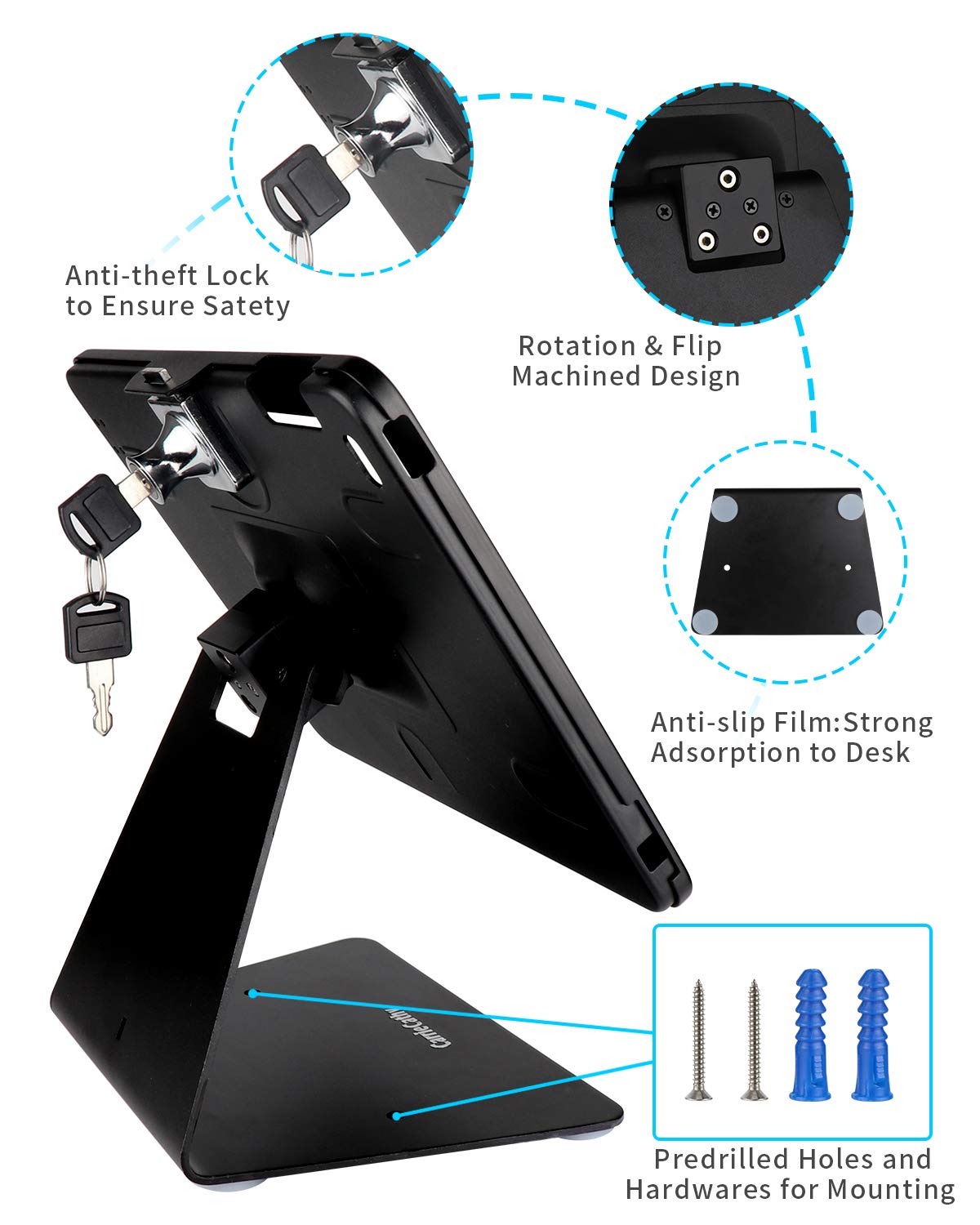 CarrieCathy Desktop Anti-Theft Security Kiosk POS Stand Holder Enclosure with Lock & Key, Compatible with iPad 2,3,4, iPad air, iPad air 2, iPad Pro 9.7", iPad 2017 & 2018, Flip & Rotate Design, Black