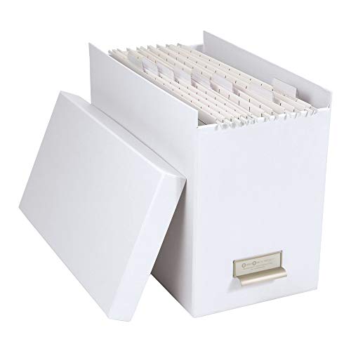 Bigso John Fiberboard Label Frame Desktop File Storage Box Document Organizer for Important Paperwork Durable Hanging File Box with a Lid & Metal Label Window 7.4’’ x 13’’ x 10.4’’ White