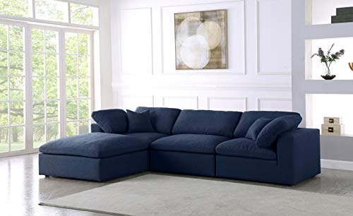 Meridian Furniture Serene Collection Modern | Contemporary Deluxe Comfort Modular Sectional, Soft Linen Textured Fabric, Down Cushions, 2 Corner + 1 Armless + 1 Ottoman, Navy