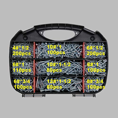T.K.Excellent Wood Screw Phillips Flat Head #4#6#8#10#12 Screws Assortment Kit,1050 Pcs