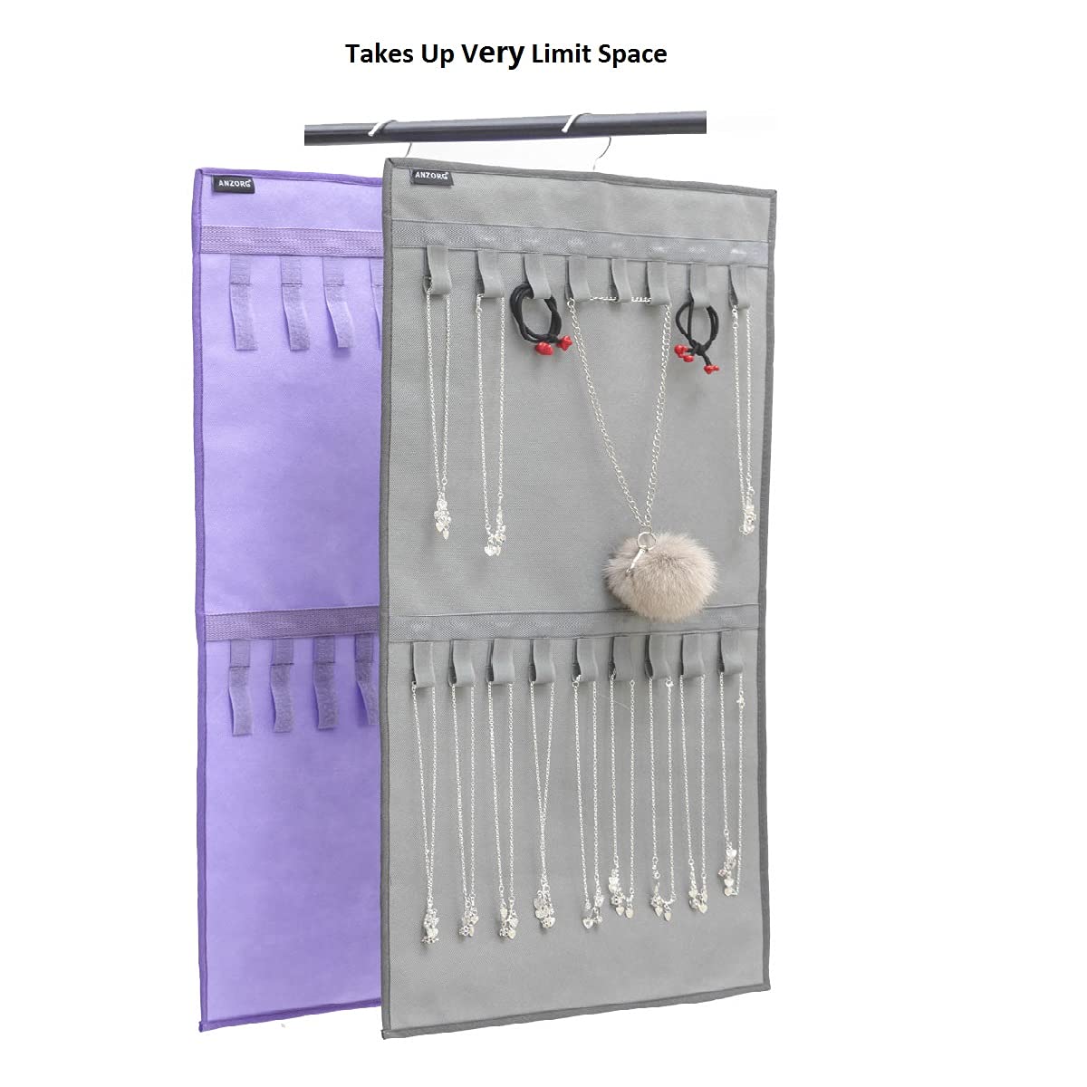 ANZORG Dual-sided Hanging Jewelry Organizer with 34 Hook Loops Wall Mounted Necklace Holder Jewelry Display Storage Hanger for Bracelet Chain (GREY)