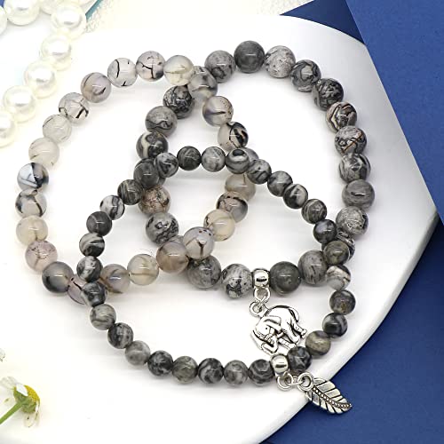 C&L Accessories Chakra Beaded Bracelets For Women Men Teens 3 Pcs Healing Bracelets Natural Gemstone Bead Ball Stretchable Bracelet Set with Elephant Leaf Pendant Charm (Gray/Dragon Vein)