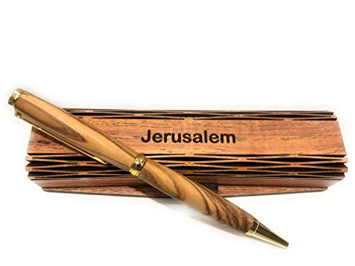Handmade Ballpoint Pen Handcrafted Bethlehem Olive Wood With Wooden Jerusalem Box