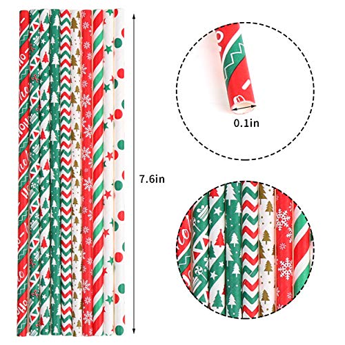 250 Pieces Christmas Paper Straws, 10 Patterns Disposable Mixed Stripe Holiday Paper Straws for Christmas Party Favors