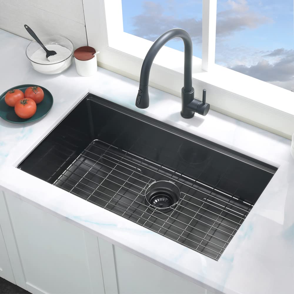 30 Inch Undermount Kitchen Sink Black Stainless Steel, BoomHoze 30 x 19 Inch Undermount Workstation Sink Single Bowl Commercial 16 Gauge Stainless Steel Black Kitchen Sink Deep Kitchen Sink