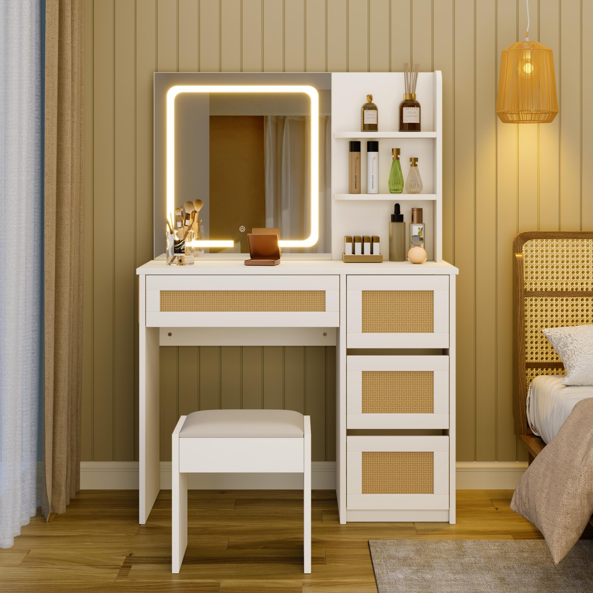 GAOMON Rattan Vanity, Makeup Vanity Desk with Mirror and Adjustable LED Light, Large Storage Space with 4 Drawers and 2 Tiers of Open Shelves for Bedroom in White