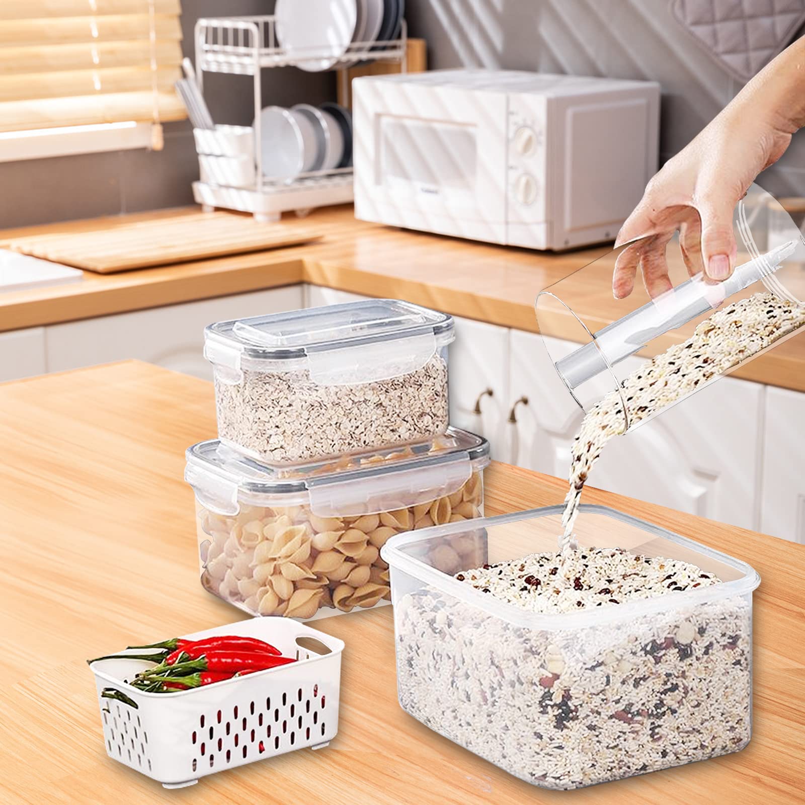 4 Pack Large Fridge Food Storage Container Set with Lids with Strainer, Fruit Vegetable Storage Containers Keep Fruits, Vegetables, Berry, Meat Fresh longer , BPA-Free Plastic Produce Keepers