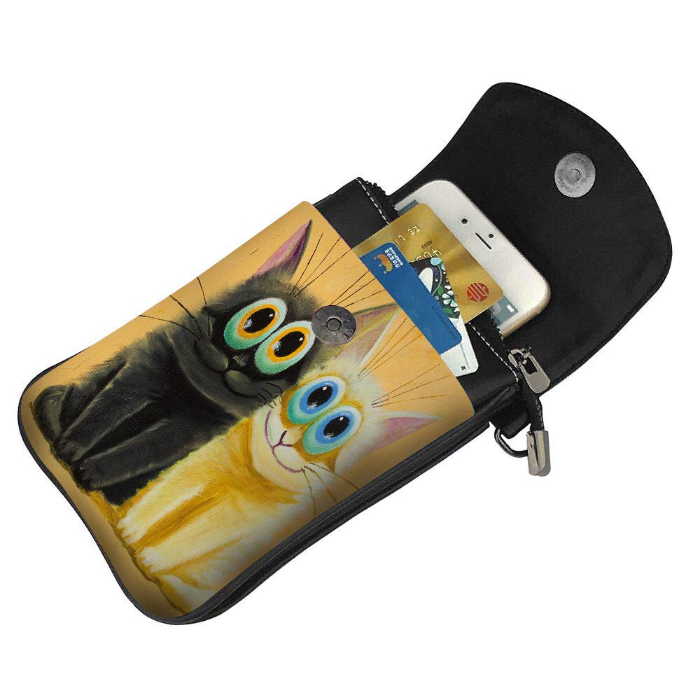 Beabes Cute Cat Crossbody Cell Phone Purse Funny Cartoon Big Eyes Animal Kitty Black YellowWallet Handbag