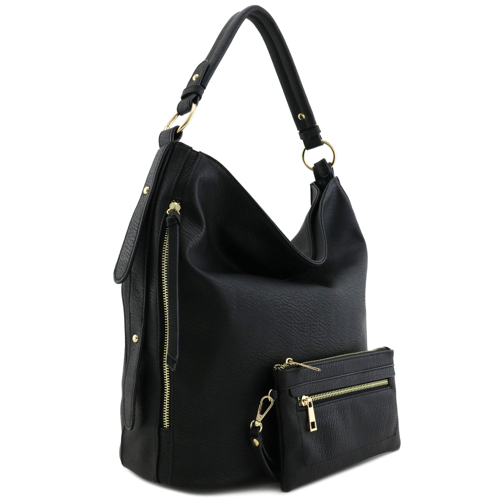 2pc Set Faux Leather Large Hobo Bag with Pouch Purse (Black)