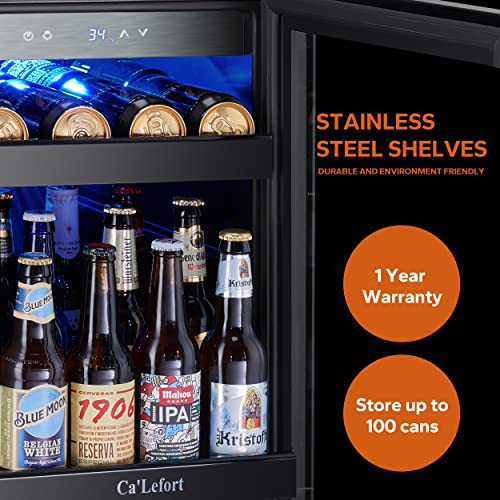 Ca'Lefort 15'' Beverage Refrigerator - 100 Cans Soda Beer Capacity Single Zone with Modern Touch Intelligent Digital 34°-54°F, Low Noise, Built in or Freestanding Wine Cooler for Home and Kitchen