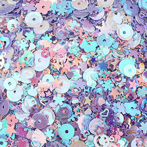 Decoendiy 6 Pack Mixed Shaped Glitter Flakes, Chunky Sparkle Sewing Glitter, Heart Star Seashell Shiny Slices with Hole, for Sewing Embellishment Accessories DIY Crafts Arts (Purple)