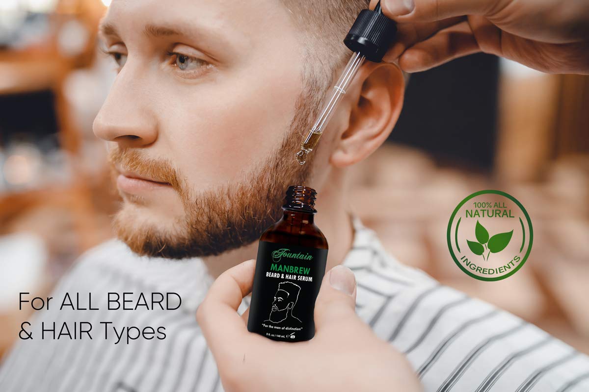 Fountain Manbrew - Beard Growth Oil For Men - Bald Spot Treatment - Mustache Grooming - Leave-In Conditioner - Beardruff - Jamaican Black Castor Oil - 5 Fl Oz