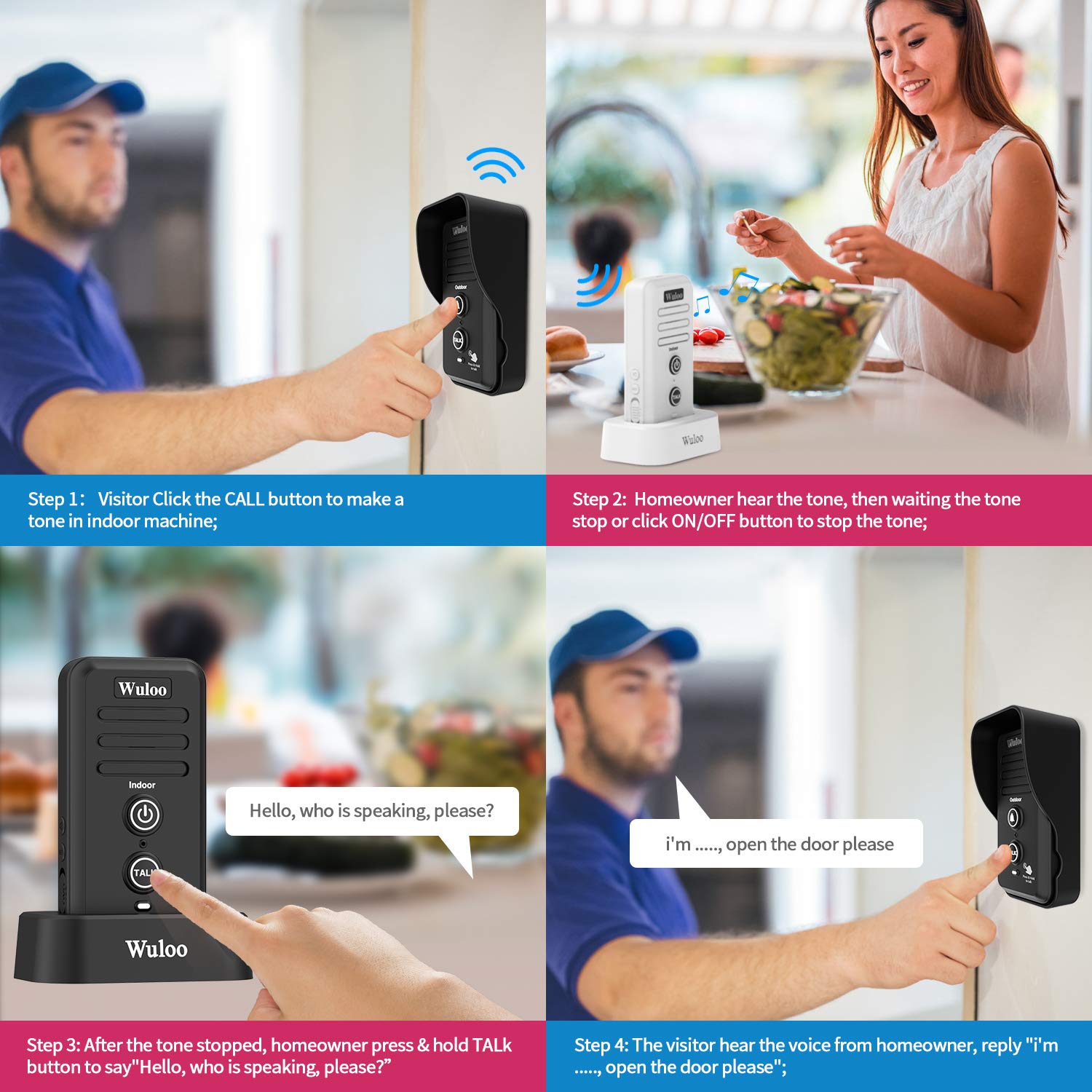 Wuloo Wireless Intercom Doorbells for Home Classroom, Intercomunicador Waterproof Electronic Doorbell Chime with 1/2 Mile Range 3 Volume Levels Rechargeable Battery (Black, 1&2)