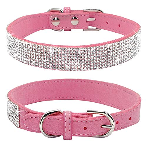 Haoyueer Rhinestone Dog Collar, Cute Dazzling Sparkling Soft Suede Leather Dog Cat Rhinestone Collar Crystal Diamond Pet Dog Puppy Collar(Pink,S)