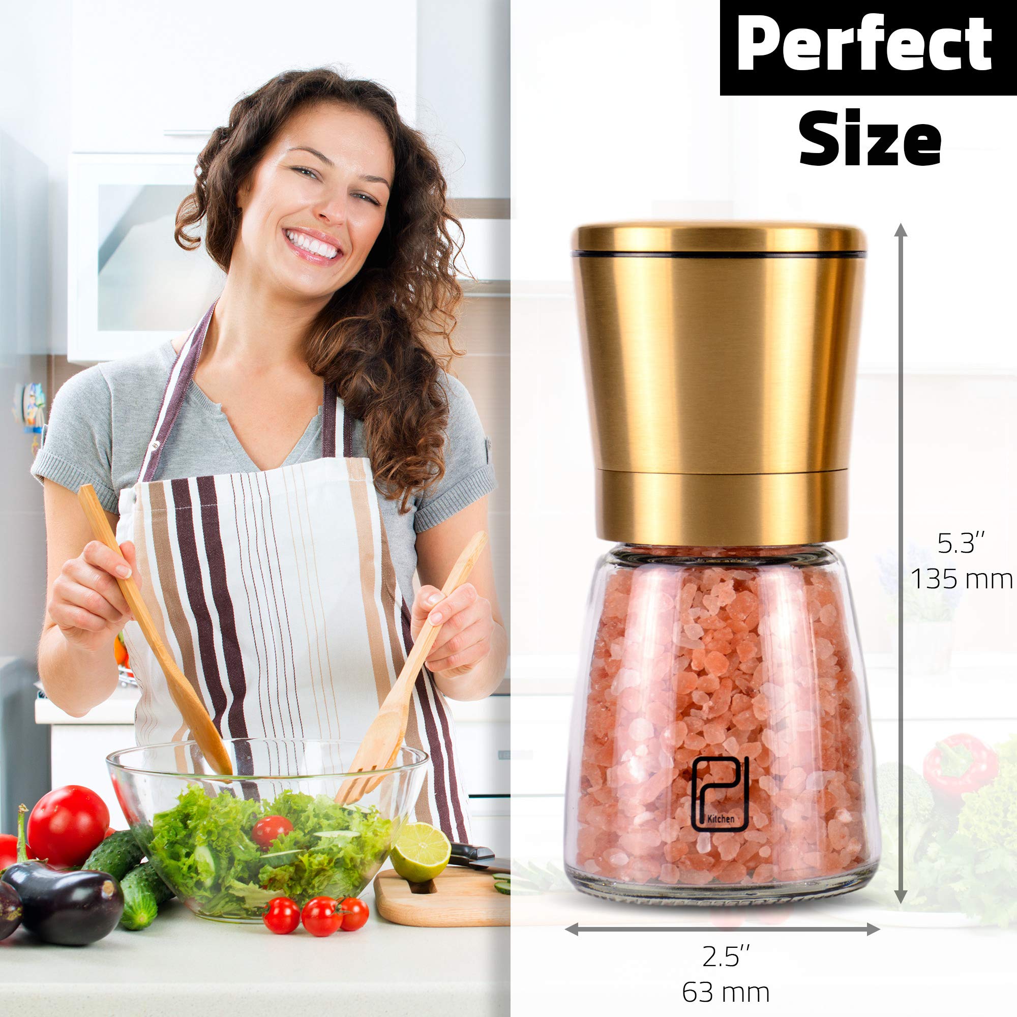 Grinder Set - Golden Salt and Pepper Shaker Mill - Brass Pepper Grinders Refillable - Adjustable Coarseness - Sea Salt, Black Peppercorn