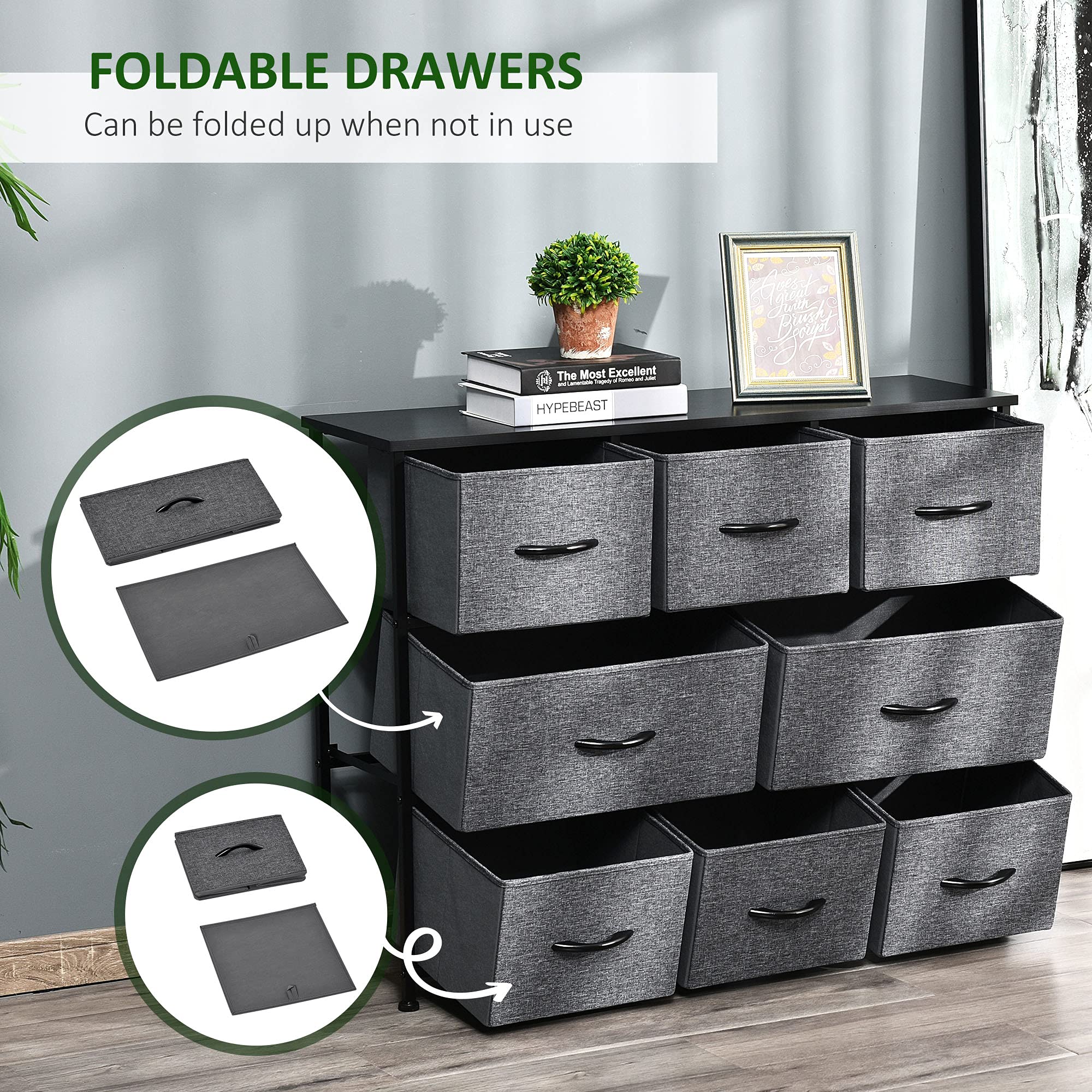 HOMCOM 8-Drawer Dresser, 3-Tier Fabric Chest of Drawers, Storage Tower Organizer Unit with Steel Frame for Bedroom, Hallway, Dark Gray