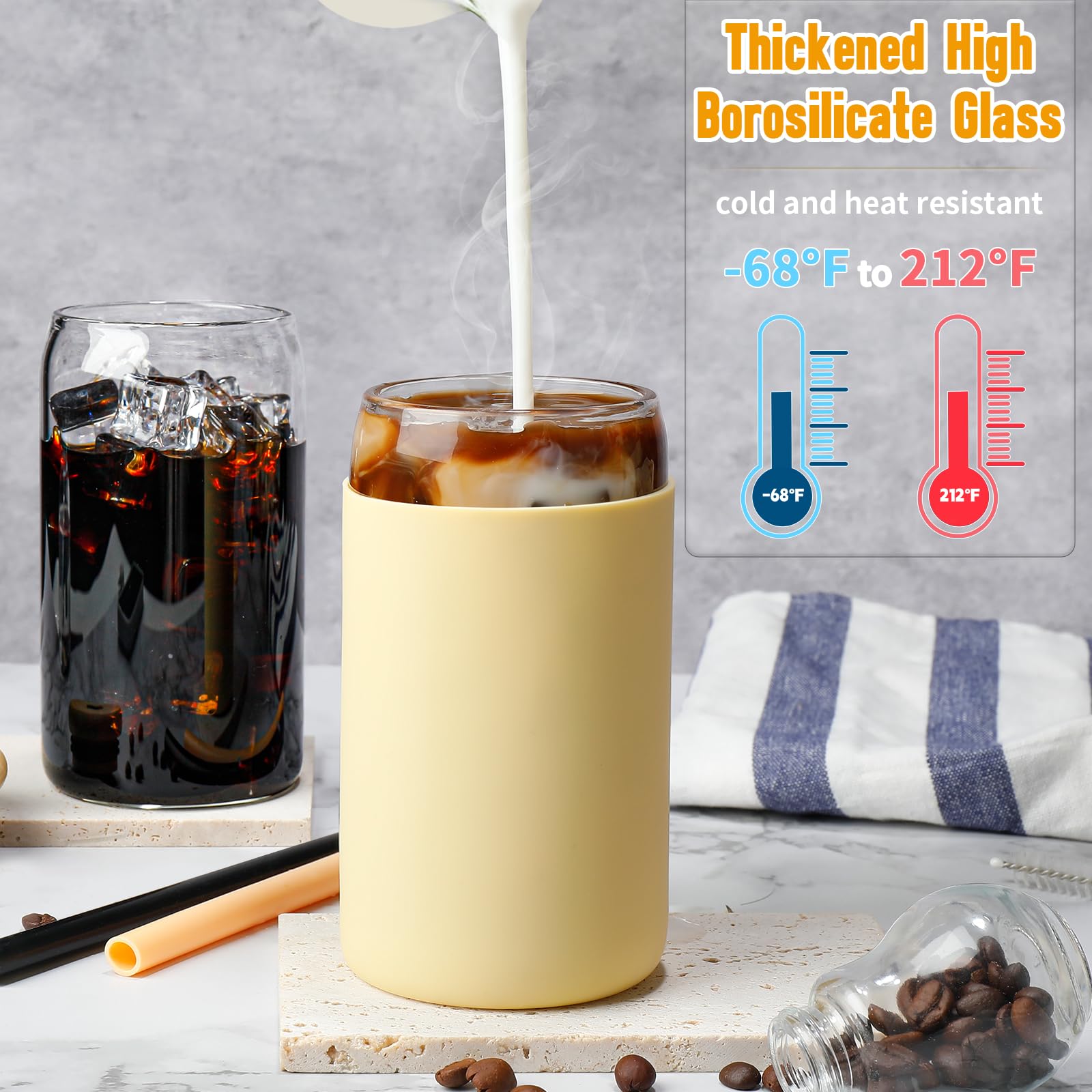 Glass Cups with Lids and Straws 2 pcs, Glass Cups with Silicone Protective Sleeve-16 oz Iced Coffee Cups with Lids,Glass Coffee Cups for Beer, Tea, Gift Giving