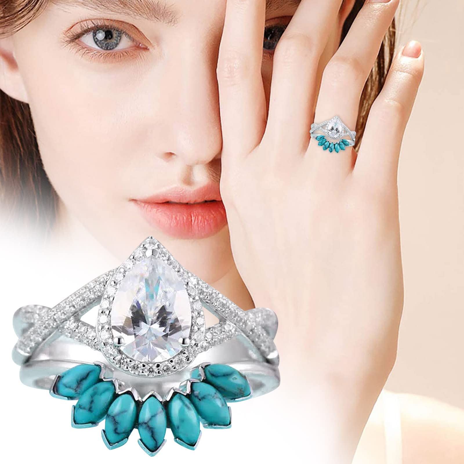 2PC Women Shining White Crystal Water Drop Shape Ring,Turquoise Ring Promise Rings Engagement Wedding Band Ring Sets
