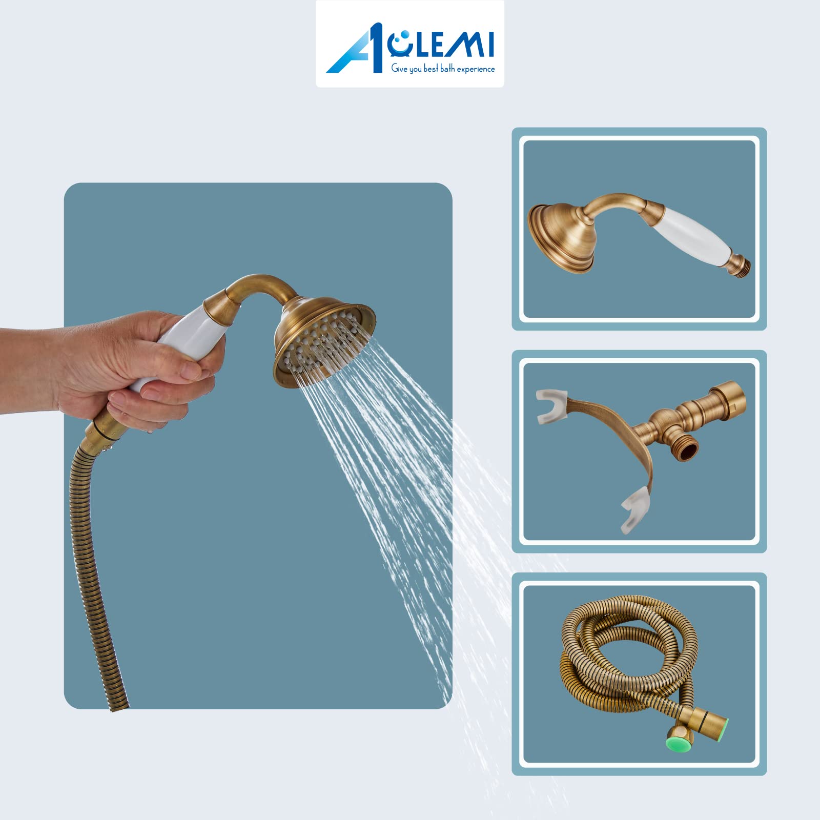 Aolemi Clawfoot Tub Faucet with Handheld Spray and Bathtub Spout Double Lever Handle Bathroom Mixer Tap Victoria Vintage Telephone Shape Shower Set Deck Mount Antique Brass