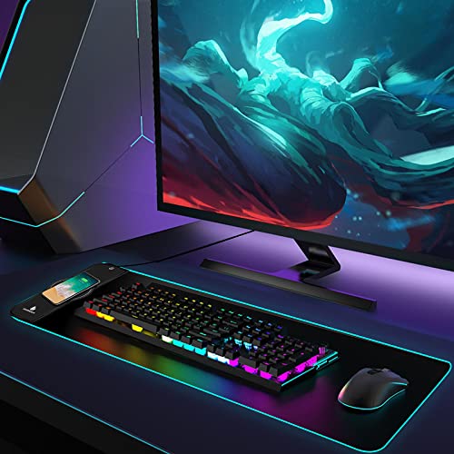 Gaming Mouse Pad,15W Qi Fast Chargering,Extened Large RGB Gaming Mouse Pad,for Large Keyboard and Mouse,Home&Office,10 Lighting Modes,Support Qi Fast Charging Support Mobile Phone Devices,31.5"X11.8"