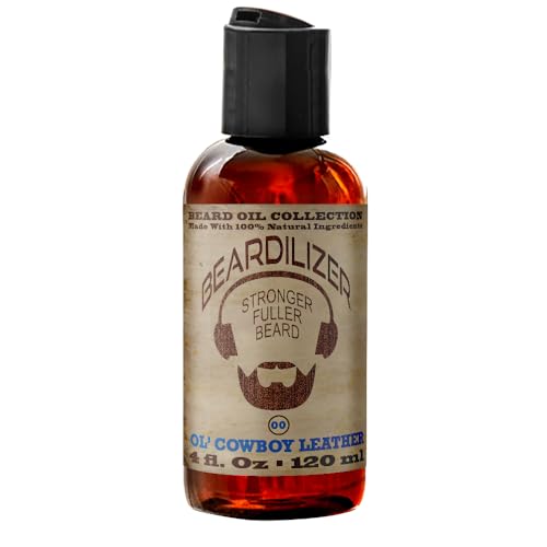 Beardilizer Ol' Cowboy Leather Beard Oil for Men - 100% Natural Beard Conditioner & Oils with Argan & Jojoba Oils - Beard Softener & Beard Moisturizer for Beard Growth (Ol' Cowboy Leather, 4 Oz)
