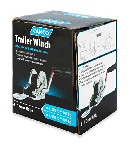 Camco 50000, Trailer Boat Winch | Features a 2-Way Ratchet & 20-Foot Strap with a 2,000lb Weight Capacity