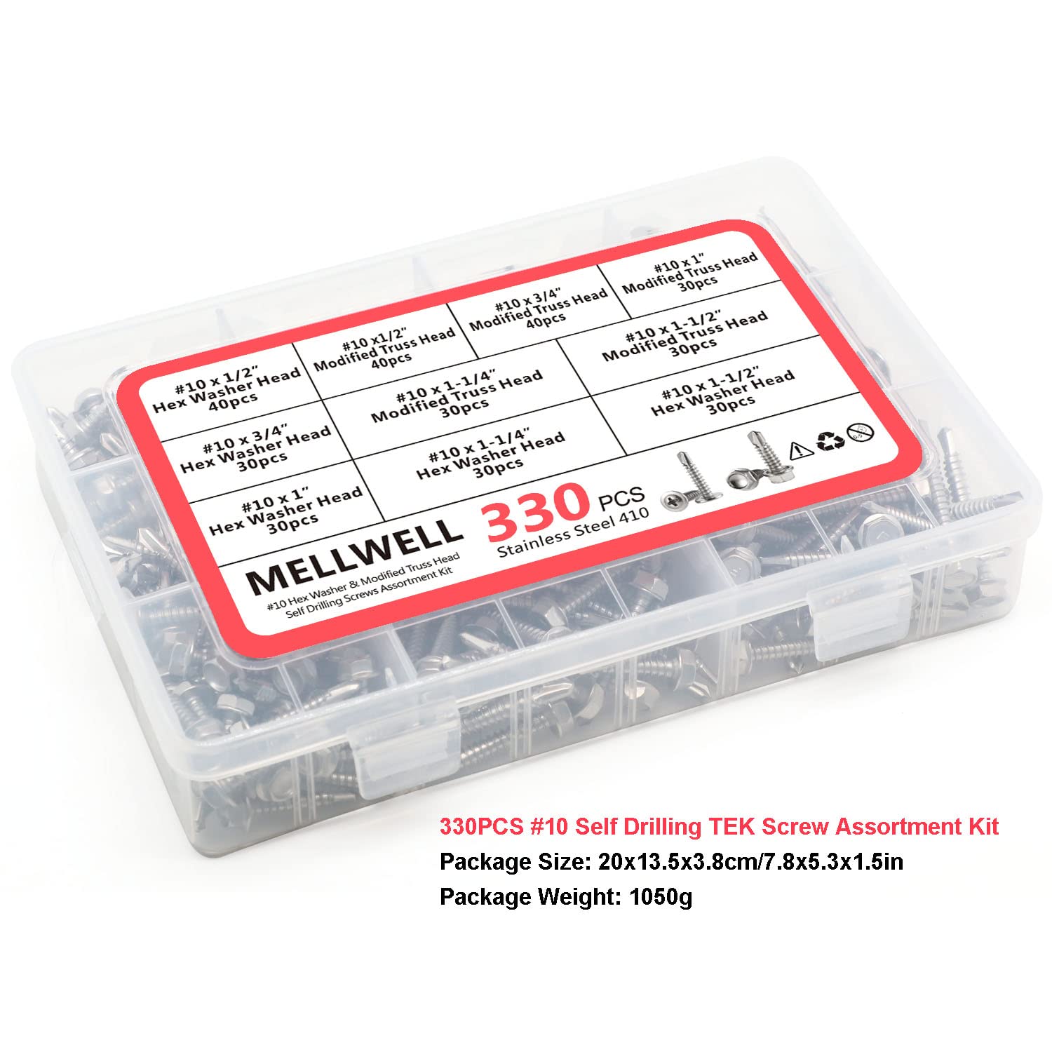 330PCS #10 Self Drilling TEK Screw Assortment Kit, Hex Washer & Modified Truss Head Self Tapping Screws for Metal, 410 Stainless Steel Screws, Length 1/2" to 1-1/2"