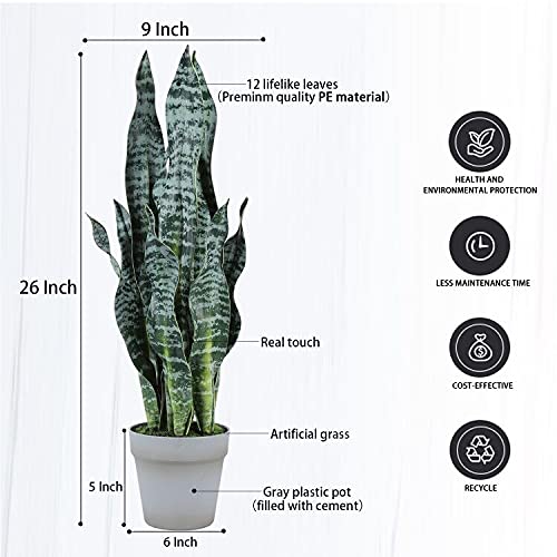 Artificial Snake Plant Faux Sansevieria 26 Inch for Indoor Outdoor Feaux Plants in Pot for Home Office Decoration Perfect Housewarming Gift