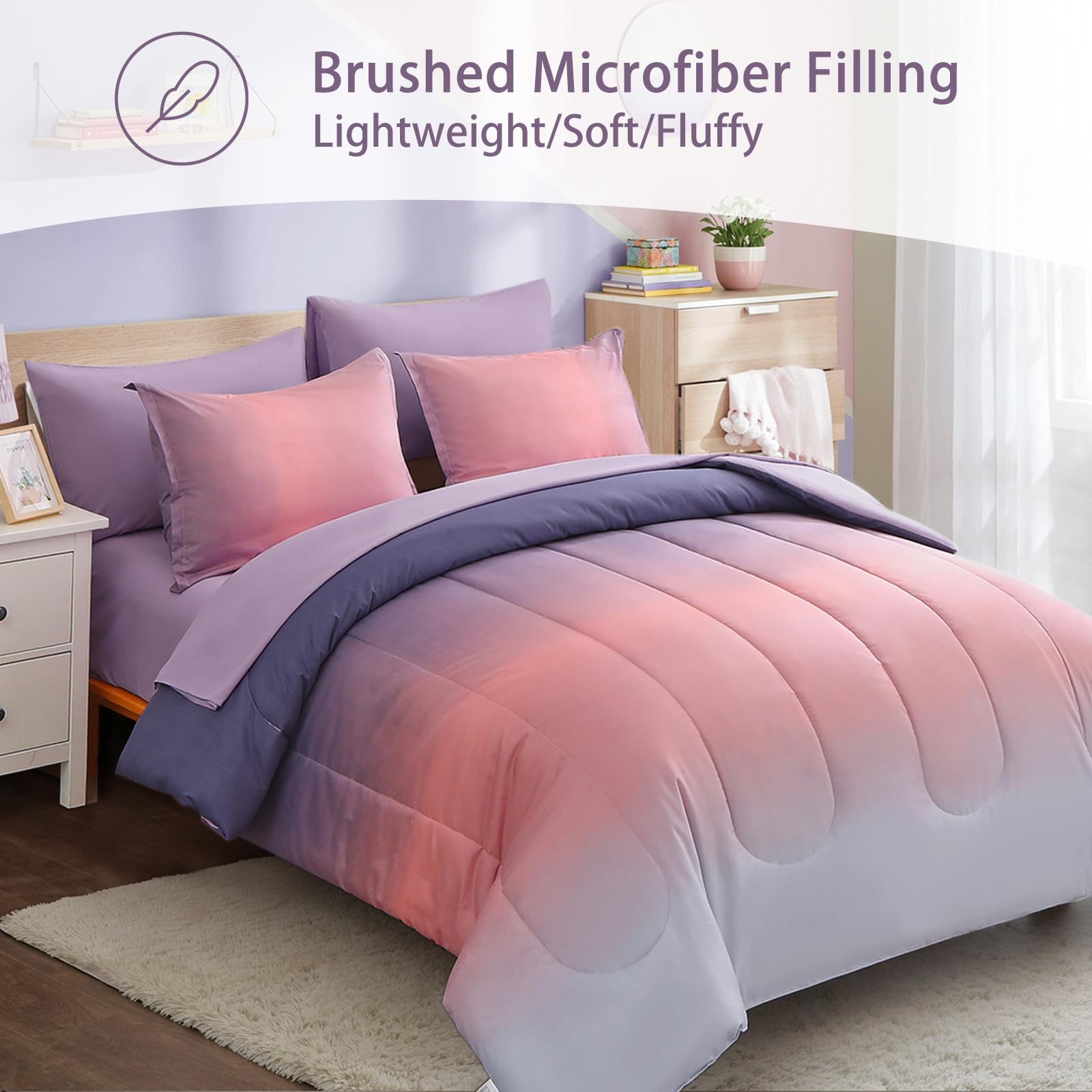 7 Pieces Comforter Set Full/Queen Size - Gradient Pink and Purple All Season Teens Rainbow Comforter Bedding Set, Ultra Soft Fluffy Microfiber Bed in a Bag for Kids