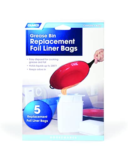 Camco Replacement Grease Storage Bags - Easily Contain and Dispose Used Cooking Grease, Foil Lined Bags Seal in Odor, Prevent Drain Clogs - 5 Pack (42285) , White