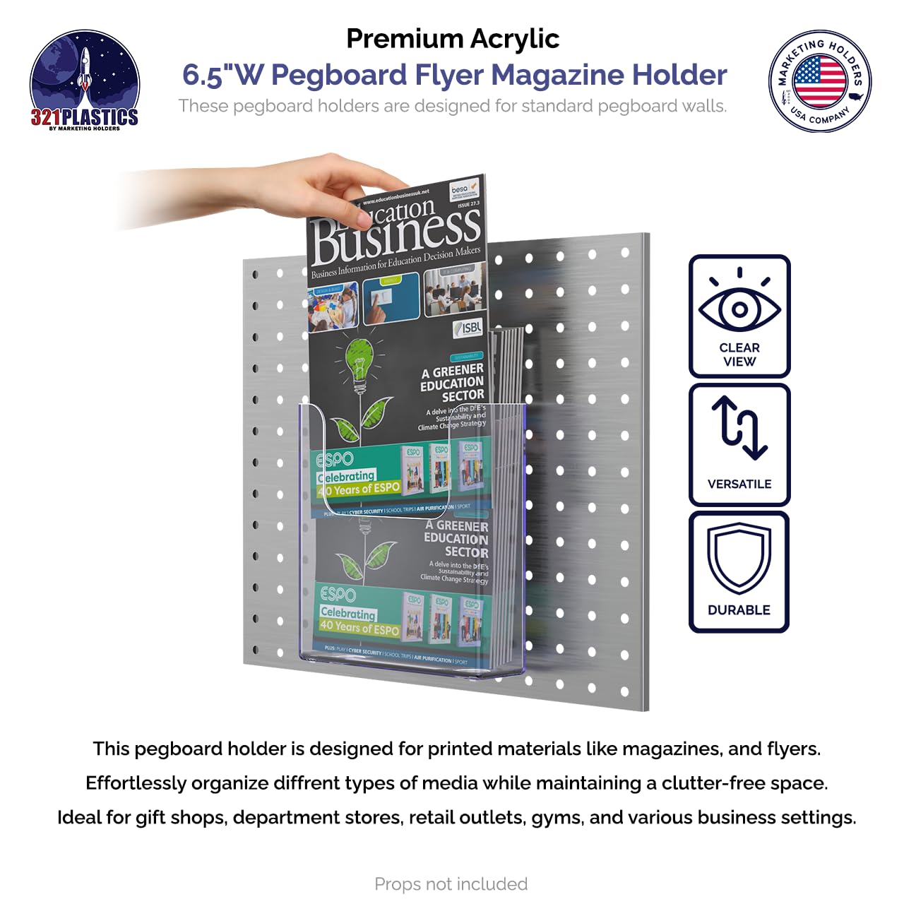 Marketing Holders 12 Pack Peg Board 6.5" W Brochure Holder Pamphlet Display Catalog Booklet Maps Literature Printed Material Menu Clear Acrylic