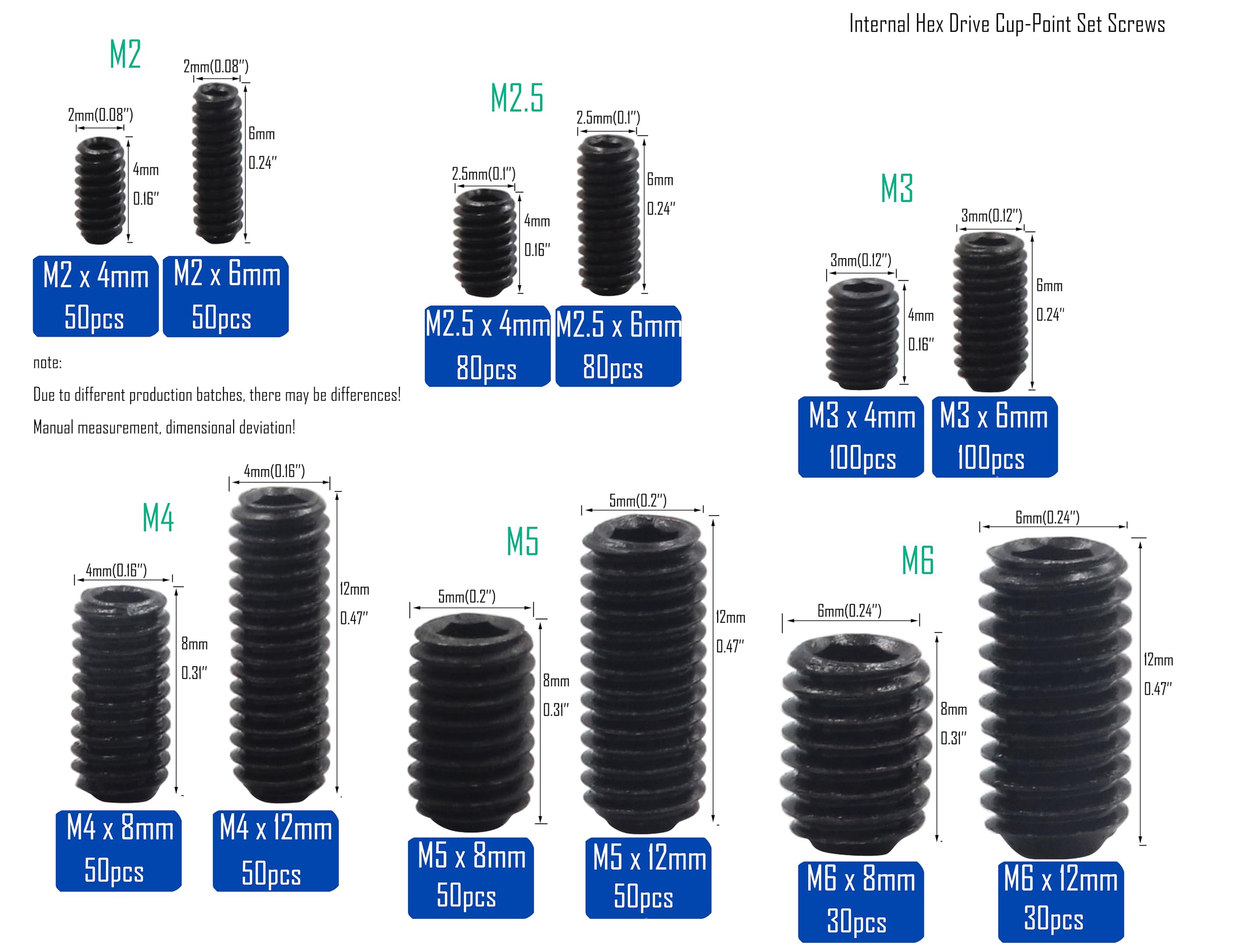 LBY 720pcs M2 M2.5 M3 M4 M5 M6 Internal Hex Drive Cup-Point Set Screws,Socket Head Cap Screws Grub Screws Assortment Kit 12 Sizes,Carbon Steel Black