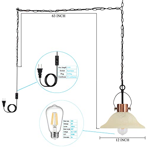 ANYONGLU Traditional Plug-in Pendant Lighting Fixture Amber Alabaster Glass Bowl Shade Antique Industrial Hanging Lamp for Kitchen Dining Room