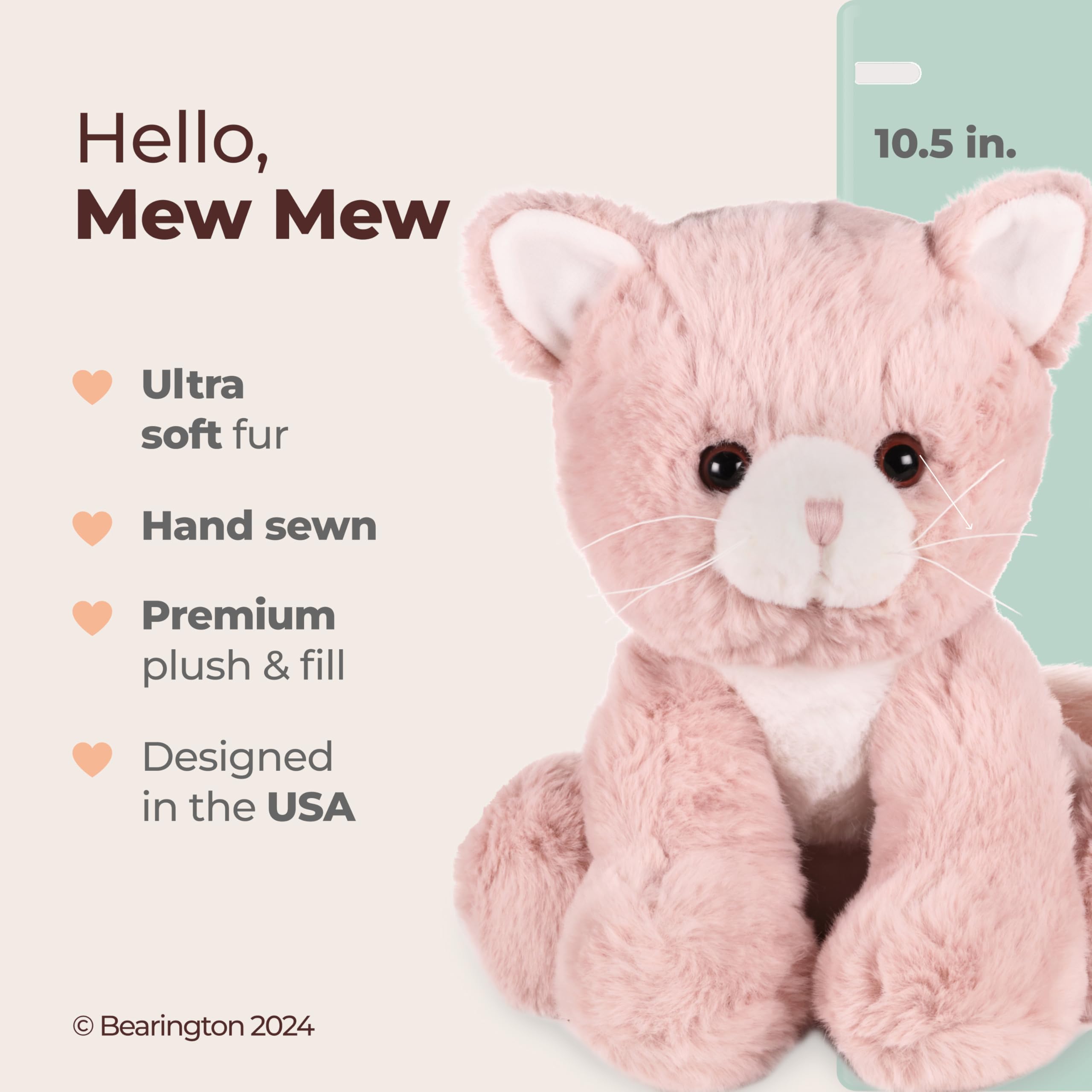 Bearington Mew Mew The Pink Kitty Stuffed Animal Plush, 10.5 Inch Stuffed Animal