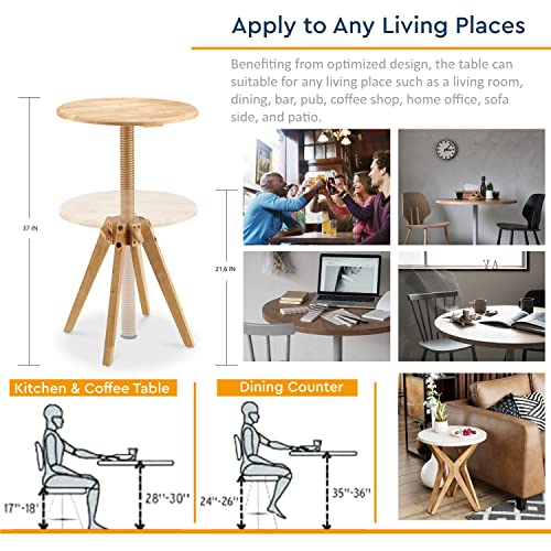 EVANIDEAS 22 inches Round Wood Cocktail Bar Table,Tall Bistro Pub Table,Adjustable 21.6''-37'' Height for Kitchen, Dining Room,Living Room,Easy Assembly,Wobble-Free,Natural.