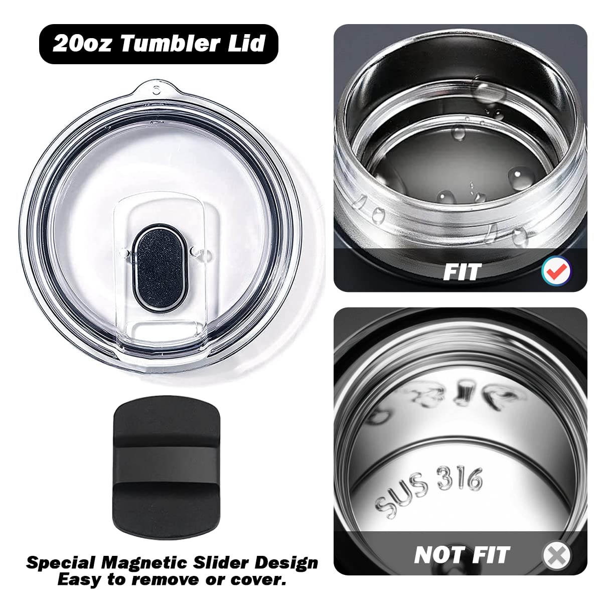 2Pcs 20oz Magnetic Tumbler Lid with 4Pack Magnetic Sliders, Replacement Cup Lids Tumbler Cover Spill Proof Fits YETI Rambler, Old Style Rtic, Ozark Trail and more