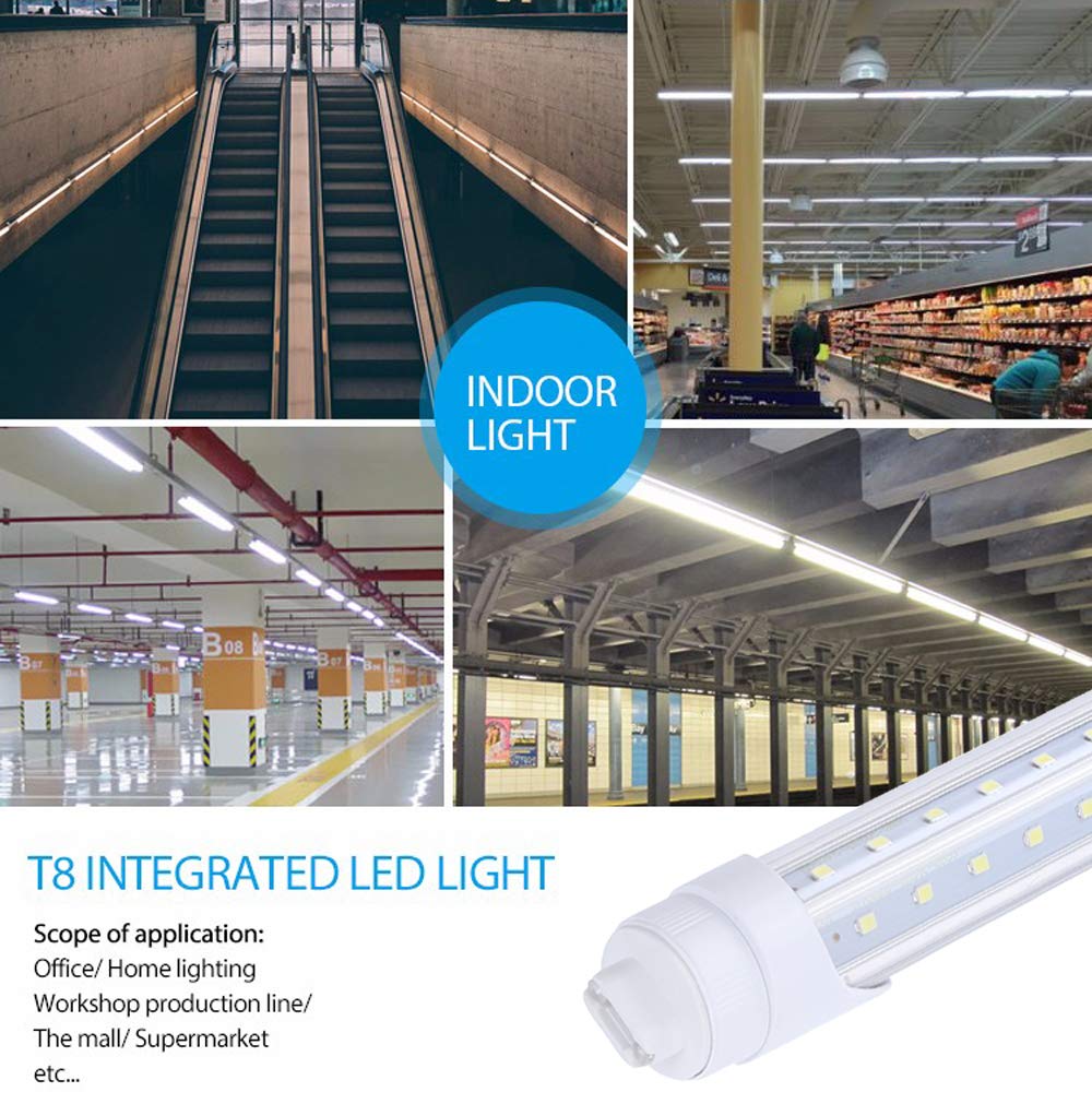 4Pack R17d V shaped Rotatable 2pin base 8 foot led bulbs Double Row 65W,Need Bypass Ballast,Replace 150W Fluorescent Shop Lights Dual-Ended Power, Cold White 6000K,clear Cover, AC 90-277V