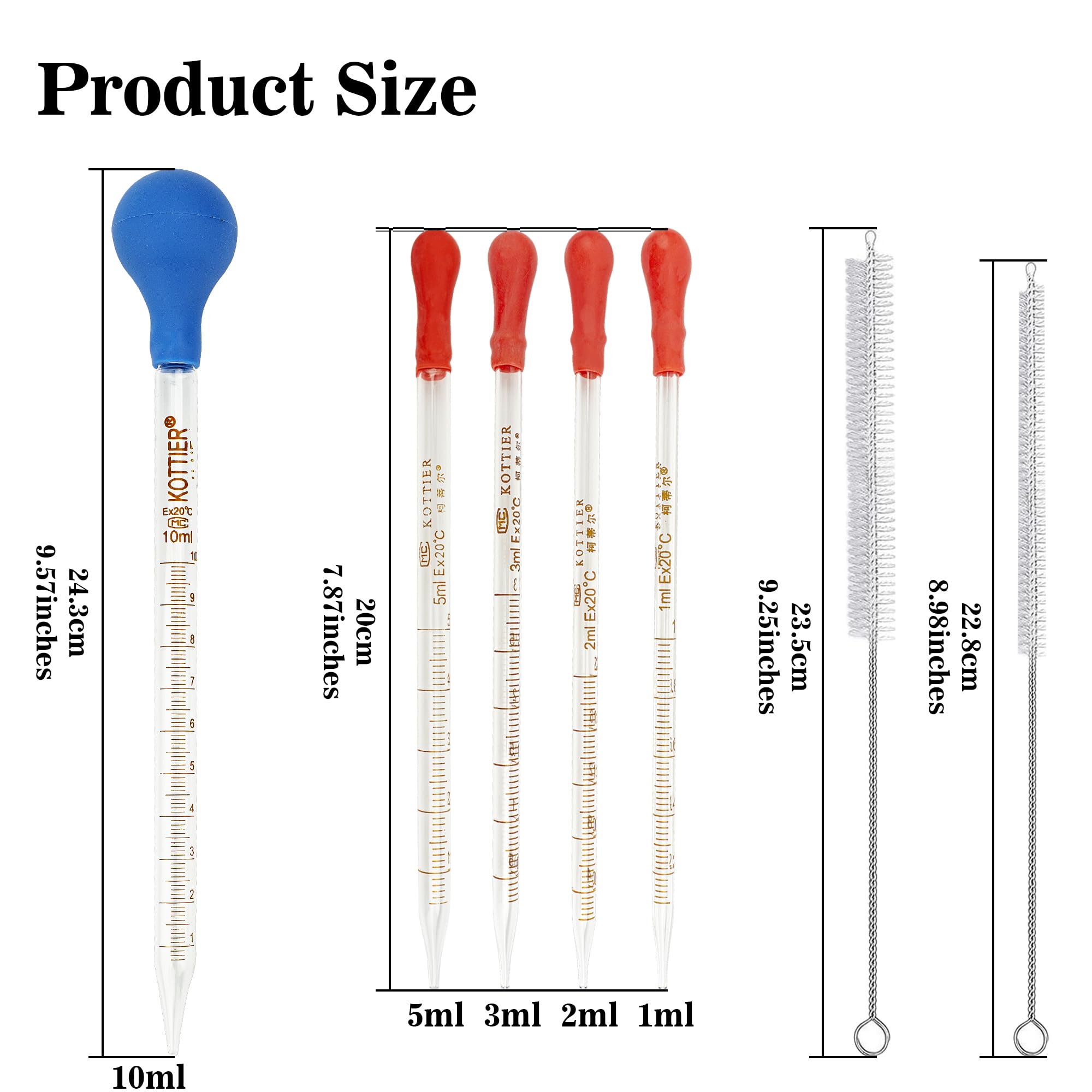 6Pcs Glass Pipettes Dropper, 1ml 2ml 3ml 5ml 10ml Graduated Liquid Dropper, with Rubber Bulb and Cleaning Brush, Transfer Pipettes for Essential Oil