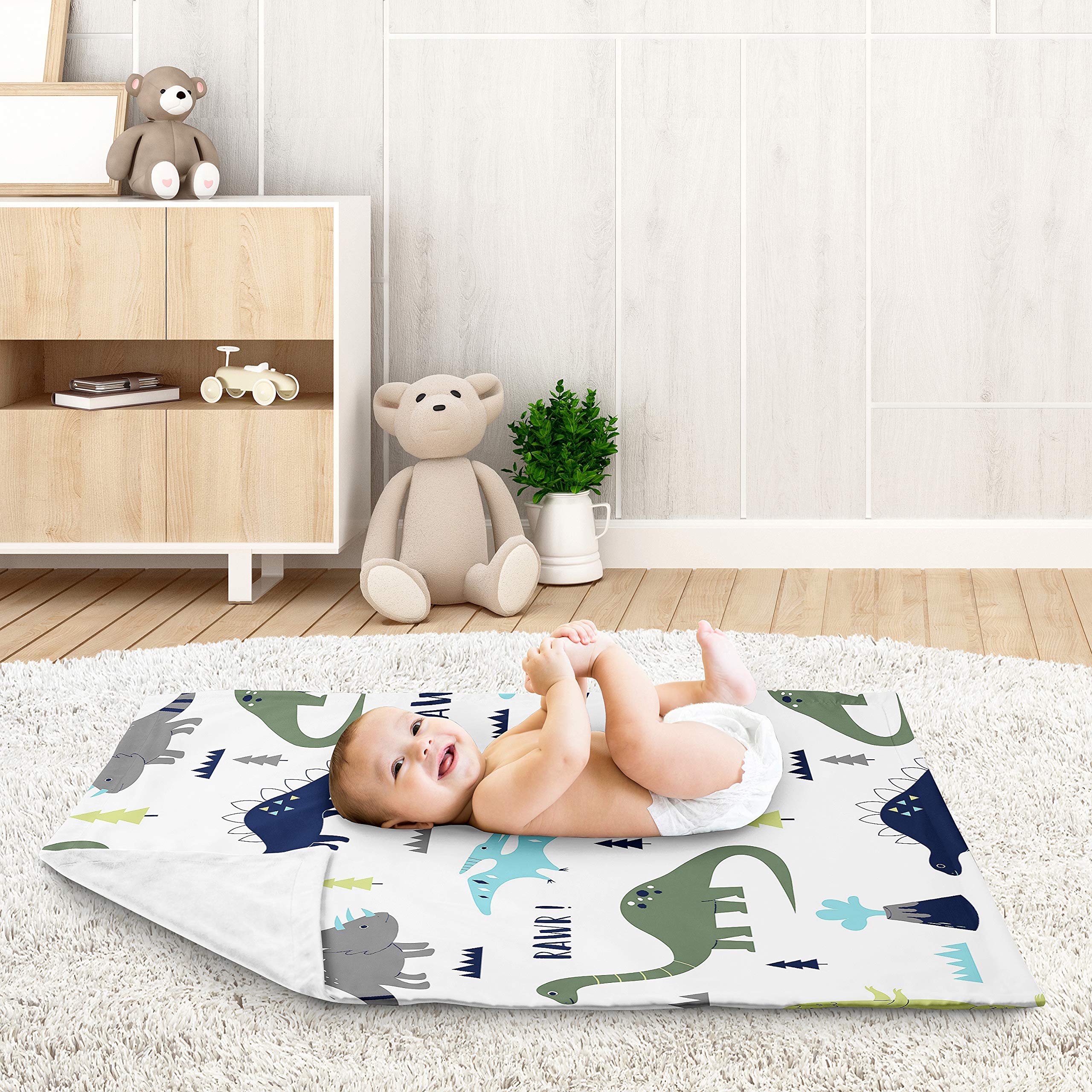 Sweet Jojo Designs Modern Dino Mod Dinosaur Baby Boy Receiving Security Swaddle Blanket for Newborn or Toddler Nursery Car Seat Stroller Soft Minky - Blue, Green and Grey