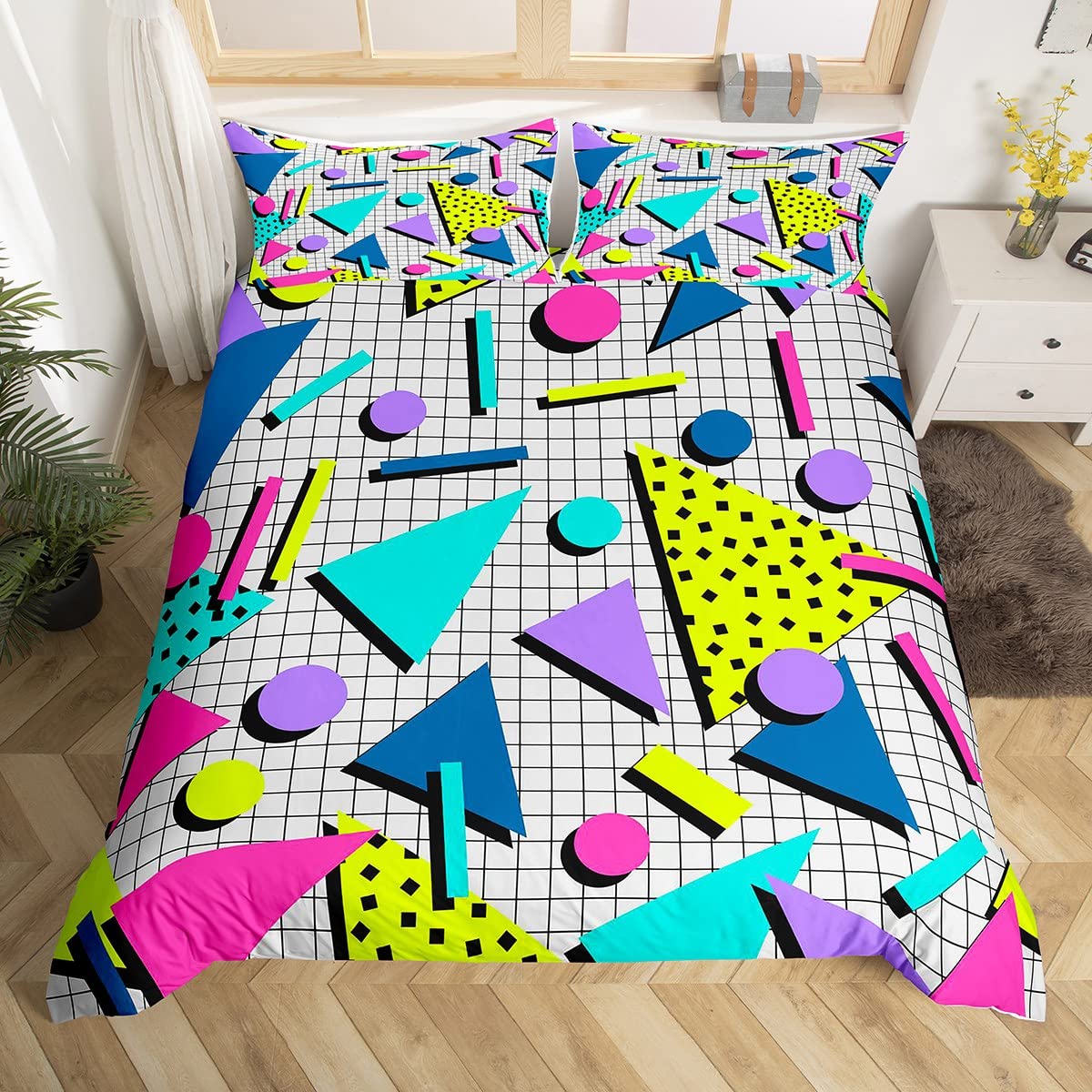 Memphis Style Duvet Cover Full Abstract Colorful Design with Dots Funky Bedding Set for Kids Child Girls Vintage Eighties Comforter Cover Memphis Fashion Bed Sets 80'S Style Retro 1980s Home Decor