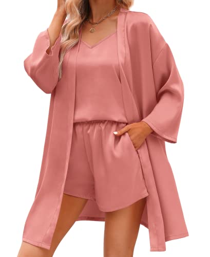 Aokosor Womens 3 Piece Silk Satin Pajamas Sets with Robe Baby Pink Loungewear Birthday Party Outfits L