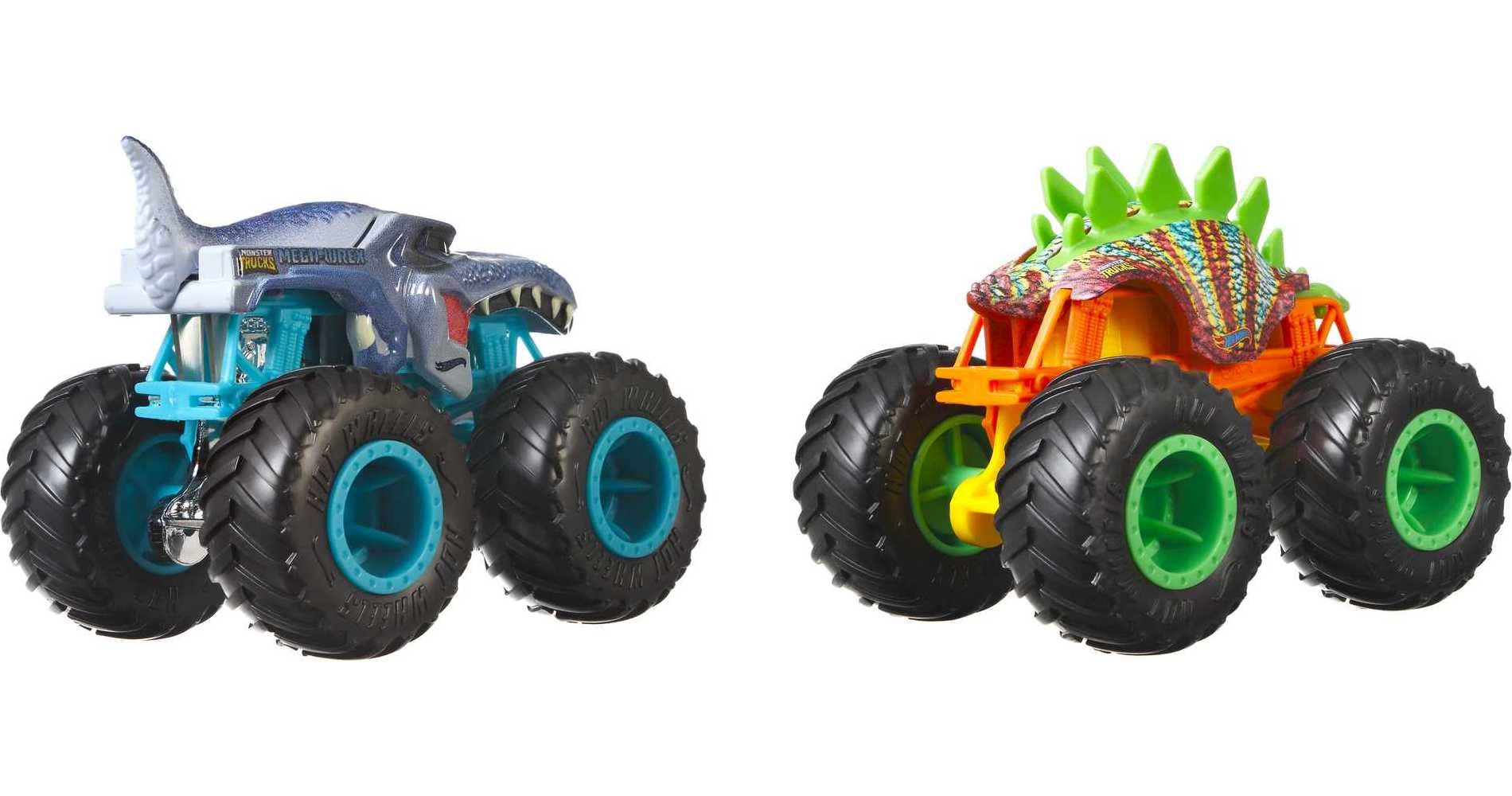 Hot Wheels Monster Trucks 1:64 Scale Dino 2-Pack, Set with Motosaurus & Mega-Wrex, Toy for Kids & Collectors