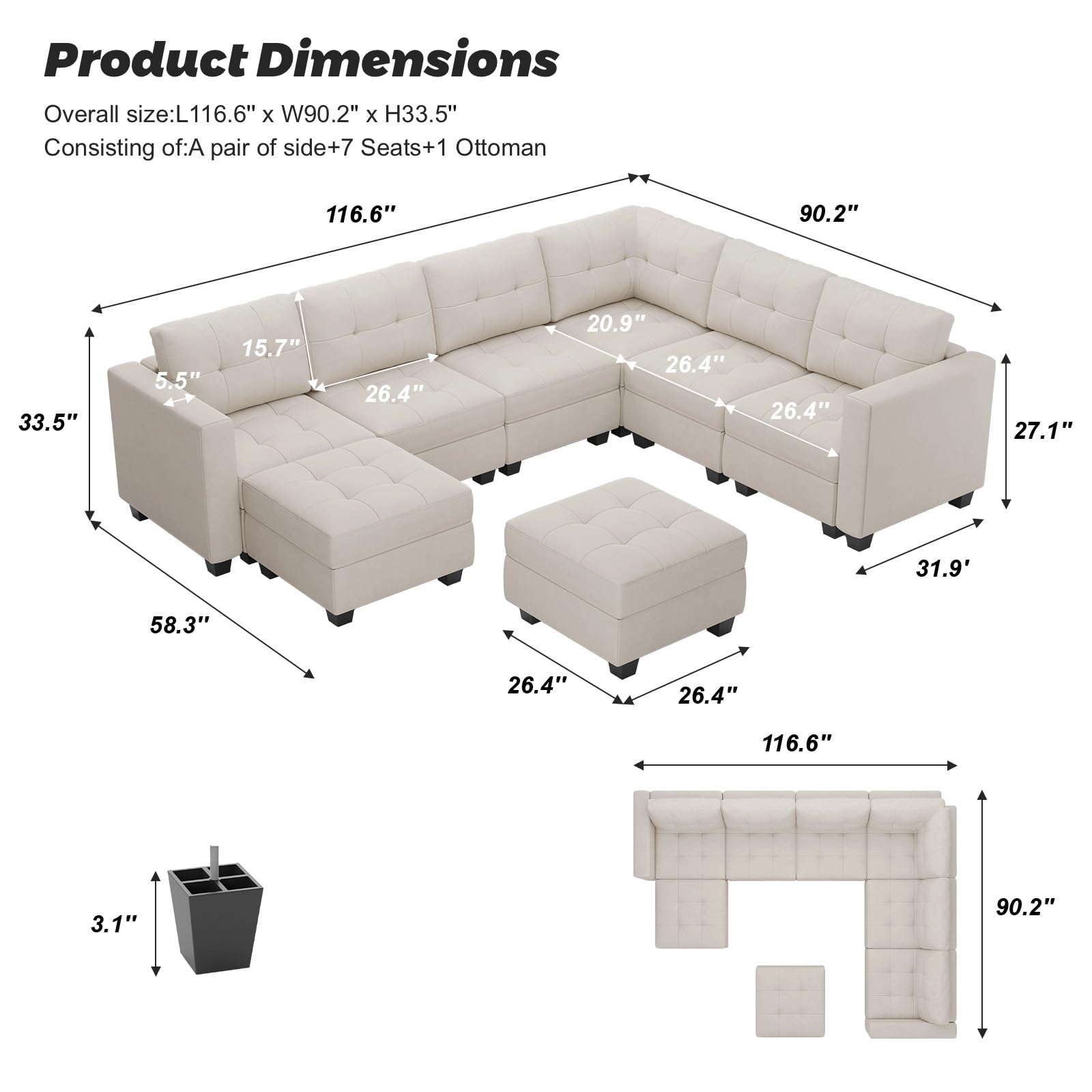Belffin U Shaped Modular Sectional Sofa with Chaise Reversible, Oversized Sectional Modular Couch with Ottomans, Velvet Fabric Couch with Storage Seats,Beige