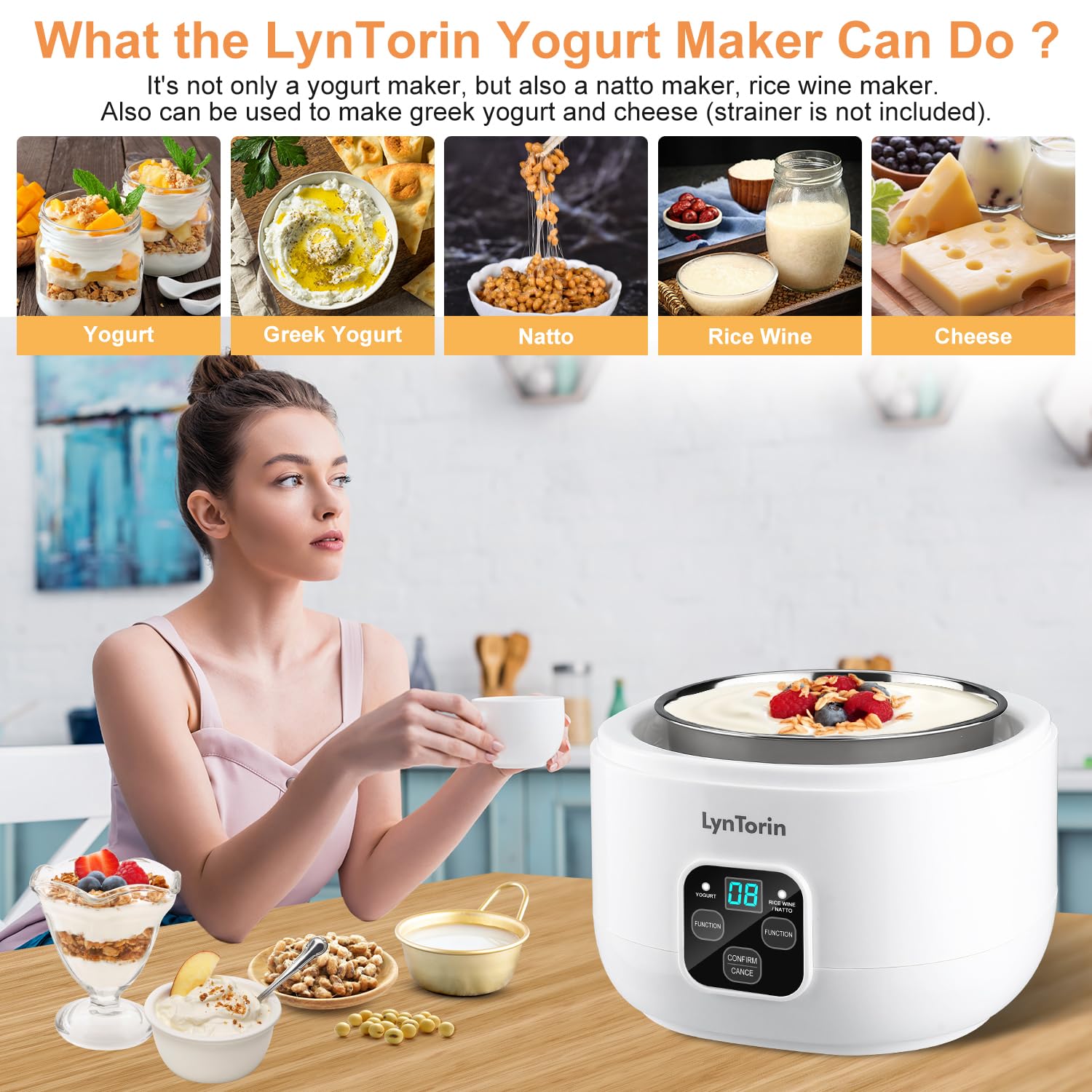 LynTorin Yogurt Maker, 34oz Yogurt Maker Machine with Timer and Constant Temperature Control, 3 in 1 Automatic Yogurt Makers with Stainless Steel Inner Pot, Yogurt Machine for Yogurt Natto Rice Wine