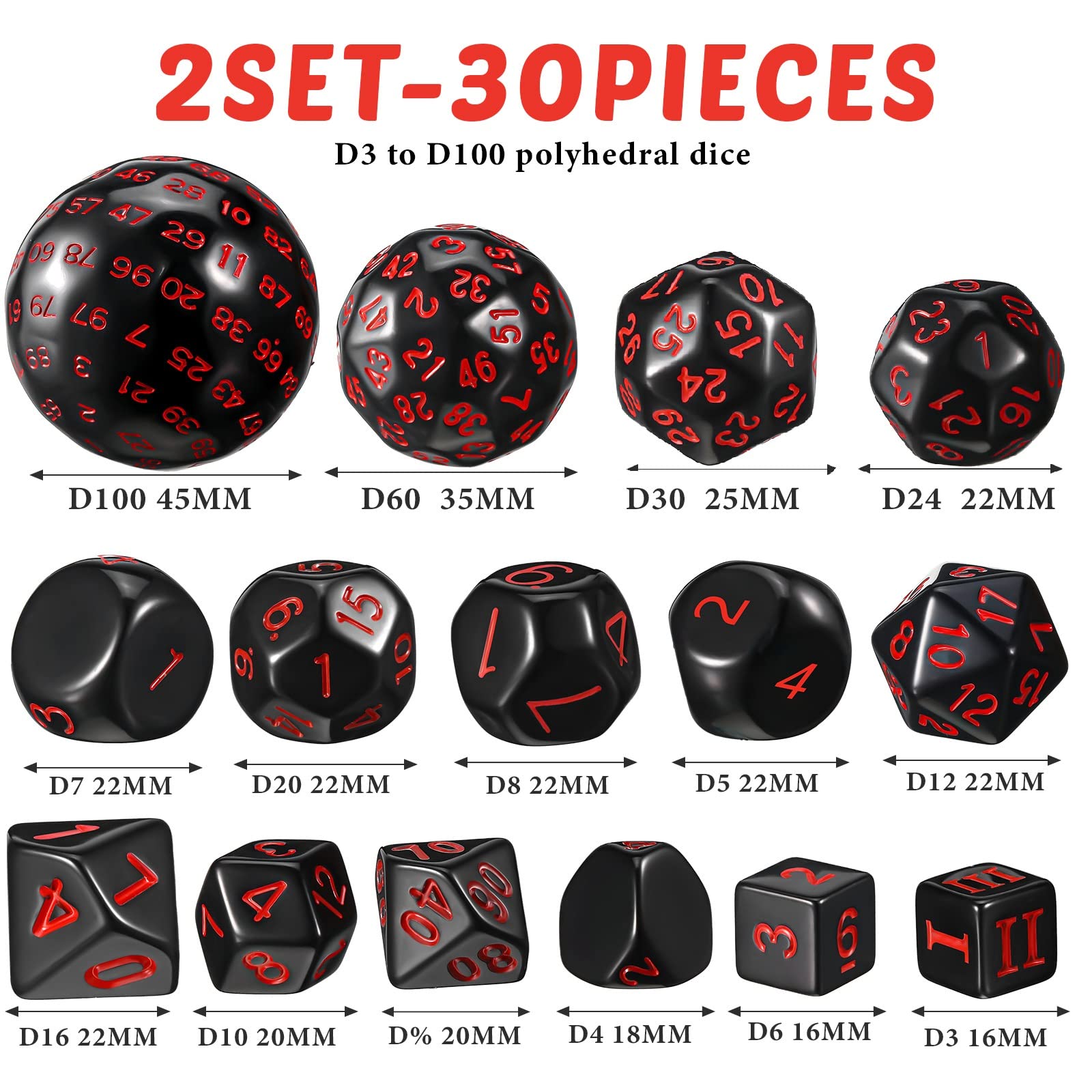 30 Pieces Polyhedral Dice Set 100 Sides Dice Set D3-D100 Spherical Dice in Opaque Black for Role Playing Table Games Party Supplies