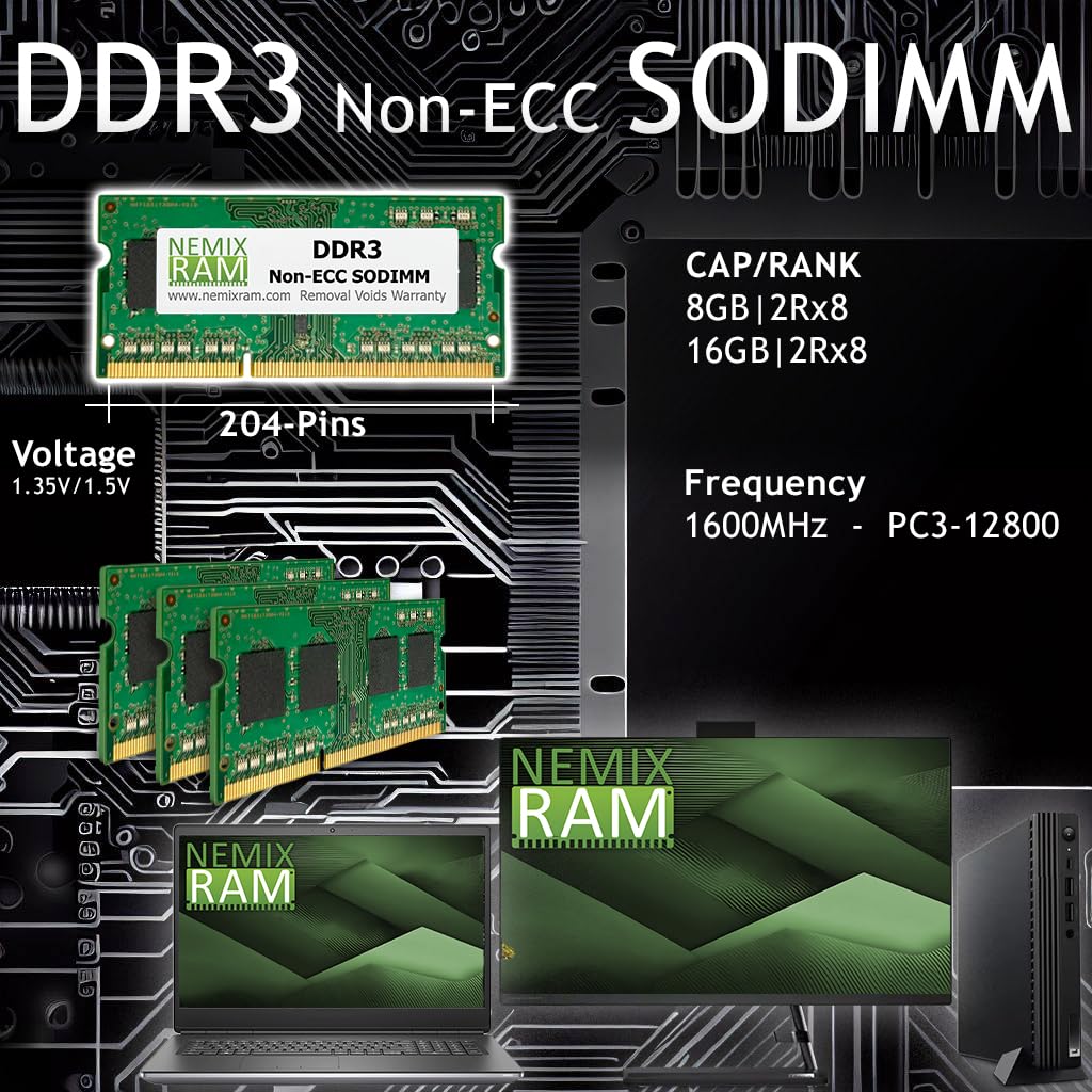NEMIX RAM 16GB (2X8GB) DDR3 1066MHZ PC3-8500 2Rx8 1.5V 204-PIN Non-ECC SODIMM Laptop PC Memory KIT