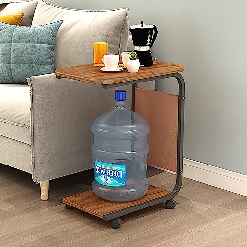 Casebeau C Shaped Sofa Table Side End Table With Wheels Vintage Wooden Movable Coffee Side Table Modern Coffee Small Side Table for Couch and Bed, Small Spaces, Living Room, Bedroom (Brown Wood Grain)